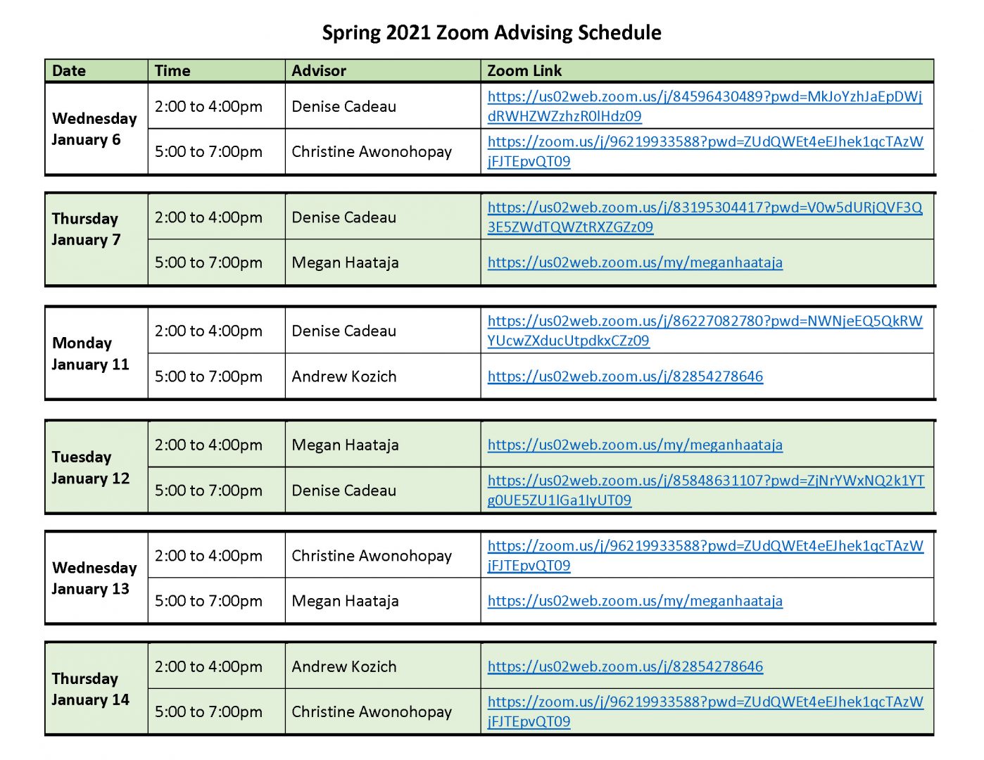 Spring 2021 Zoom Advising Schedule – Keweenaw Bay Ojibwa Community College
