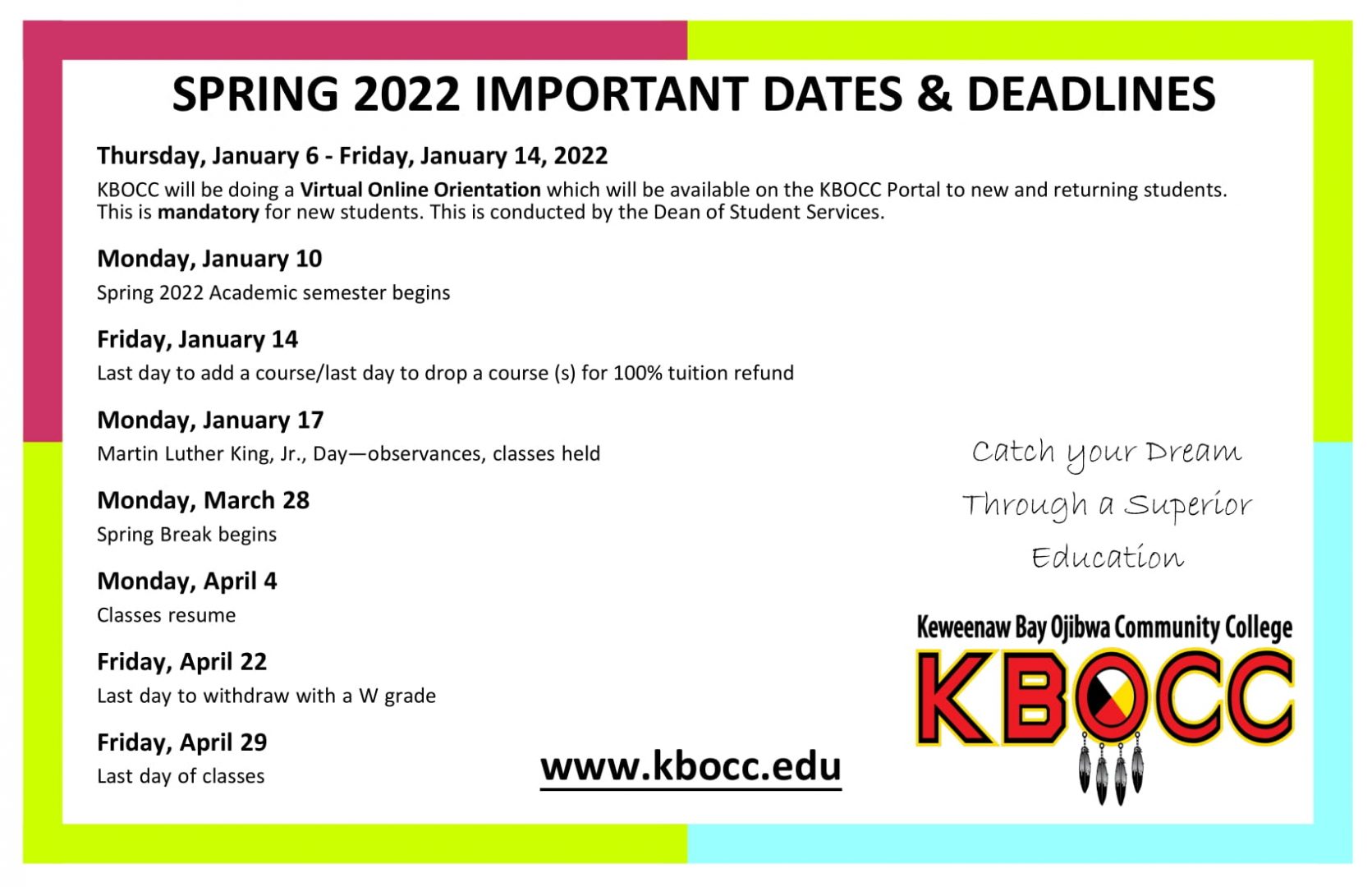 Important Dates – Spring 2022 - Keweenaw Bay Ojibwa Community College