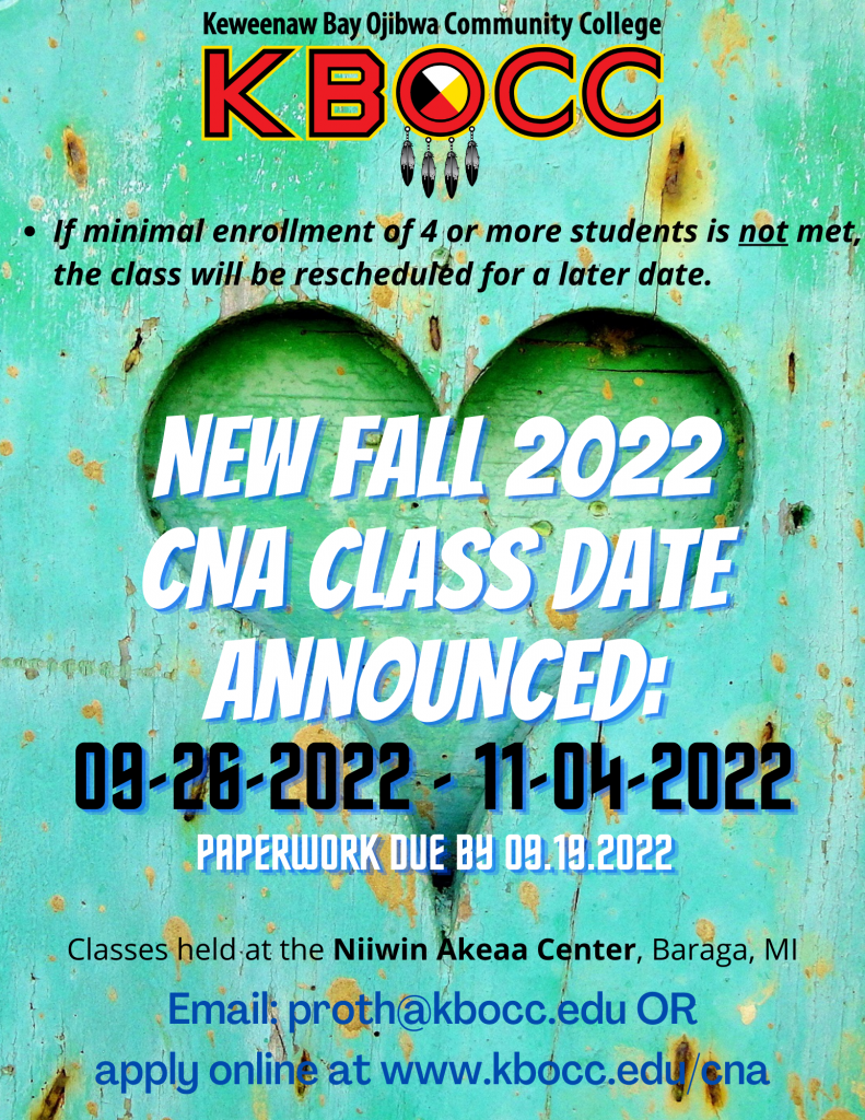 Fall 2022 CNA Course – Keweenaw Bay Ojibwa Community College